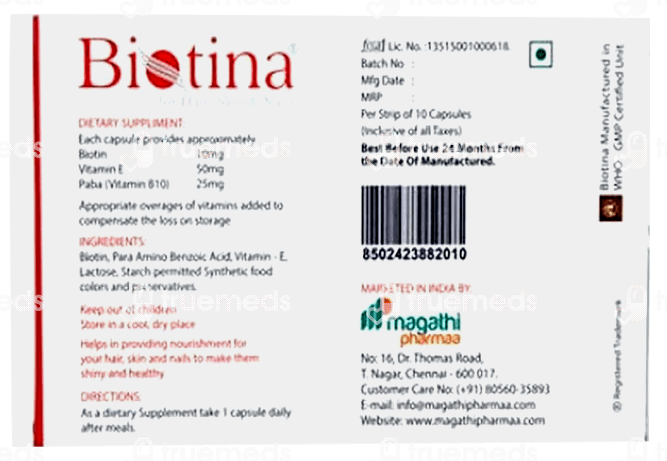 Biotina Capsule 10 - Uses, Side Effects, Dosage, Price | Truemeds