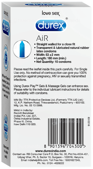 Durex Air Ultra Thin Condom Pack Of 10 - Uses, Side Effects, Dosage ...