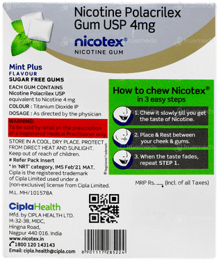 Nicotex Mint Plus 4 Mg Sugar Free Chewing Gum 12 - Uses, Side Effects ...