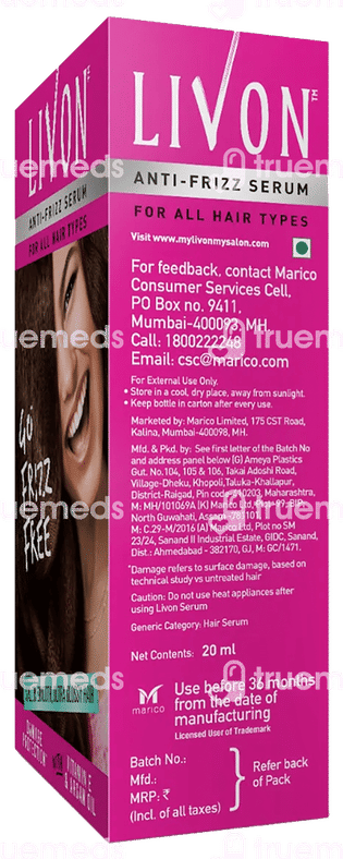Livon Anti Frizz For All Hair Types Serum 20 Ml - Uses, Side Effects ...