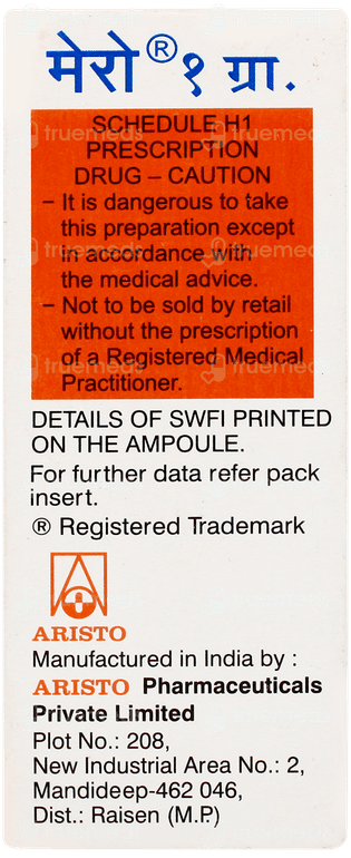 Mero 1000 Mg Injection 1 - Uses, Side Effects, Dosage, Price | Truemeds