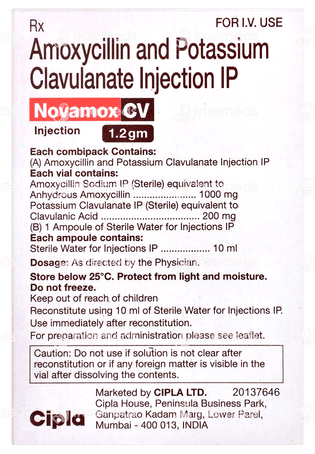 Novamox Cv 1000/200 Mg Injection 20 Ml: Uses, Side Effects, Price ...