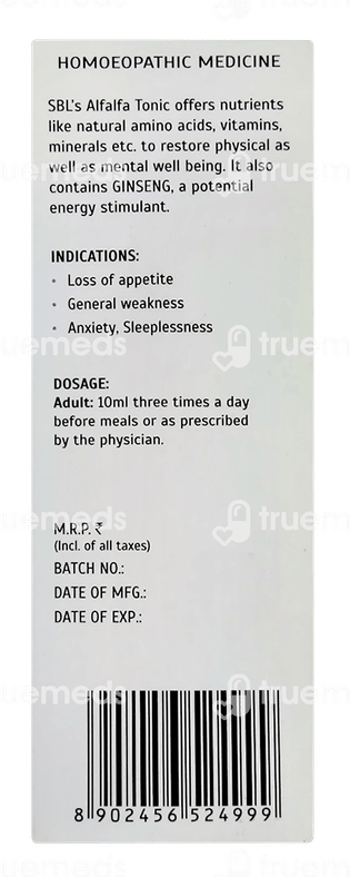 Sbl Alfalfa With Ginseng Sugar Free Tonic 180 Ml - Uses, Side Effects ...