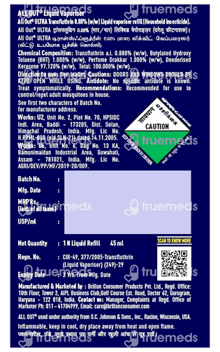 All Out Ultra Refill Liquid 45 Ml - Uses, Side Effects, Dosage, Price ...