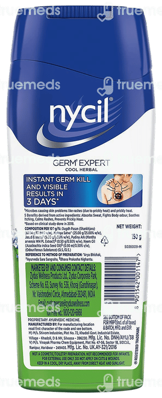 Nycil Germ Expert Prickly Heat Cool Herbal Powder 150 Gm - Uses, Side ...