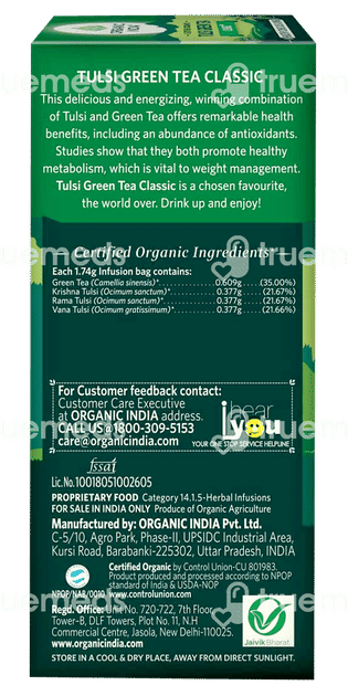 Organic India Tulsi Green Tea Classic Sachet 25 - Uses, Side Effects ...