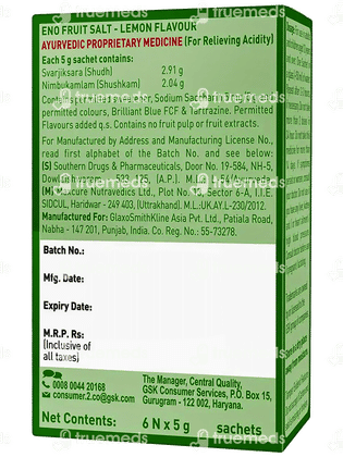 Eno Lemon Fruit Salt Sachet 5 Gm Each Pack Of 6 - Uses, Side Effects ...