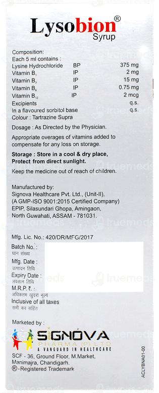 Lysobion Syrup 200 Ml - Uses, Side Effects, Dosage, Price | Truemeds