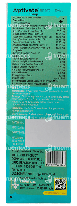 Aptivate Syrup 450 Ml - Uses, Side Effects, Dosage, Price | Truemeds