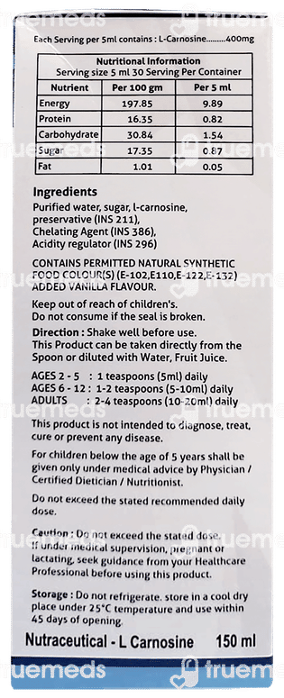 L Carno Shine Vanilla Syrup 150 Ml - Uses, Side Effects, Dosage, Price ...