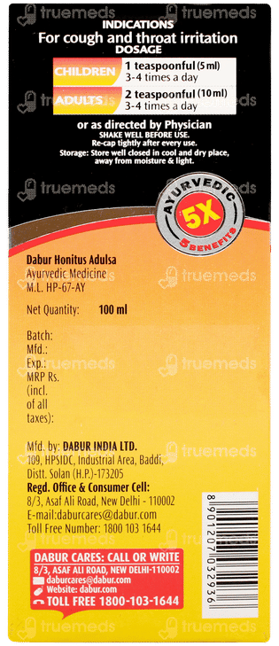 Dabur Honitus Adulsa Cough Syrup 100 Ml - Uses, Side Effects, Dosage ...