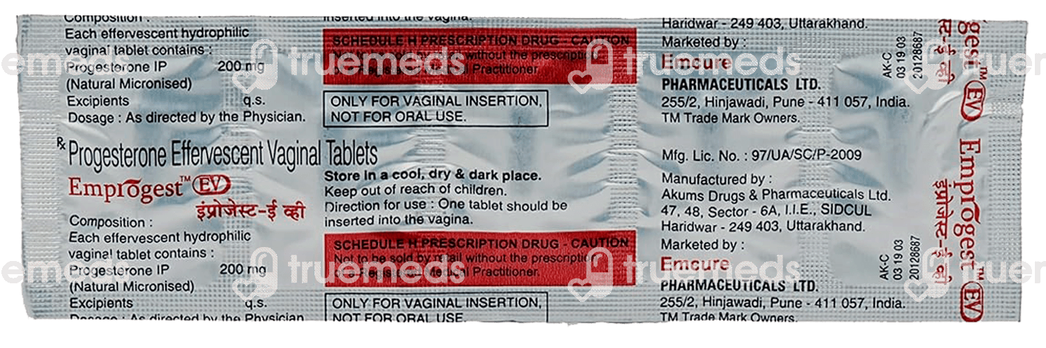 Emprogest Ev 200 Mg Tablet 5 - Uses, Side Effects, Dosage, Price | Truemeds