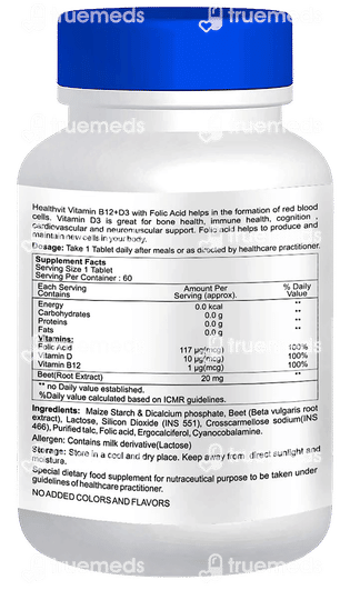 Healthvit Vitamin B12 And D Folic Acid Tablet 60 - Uses, Side Effects ...