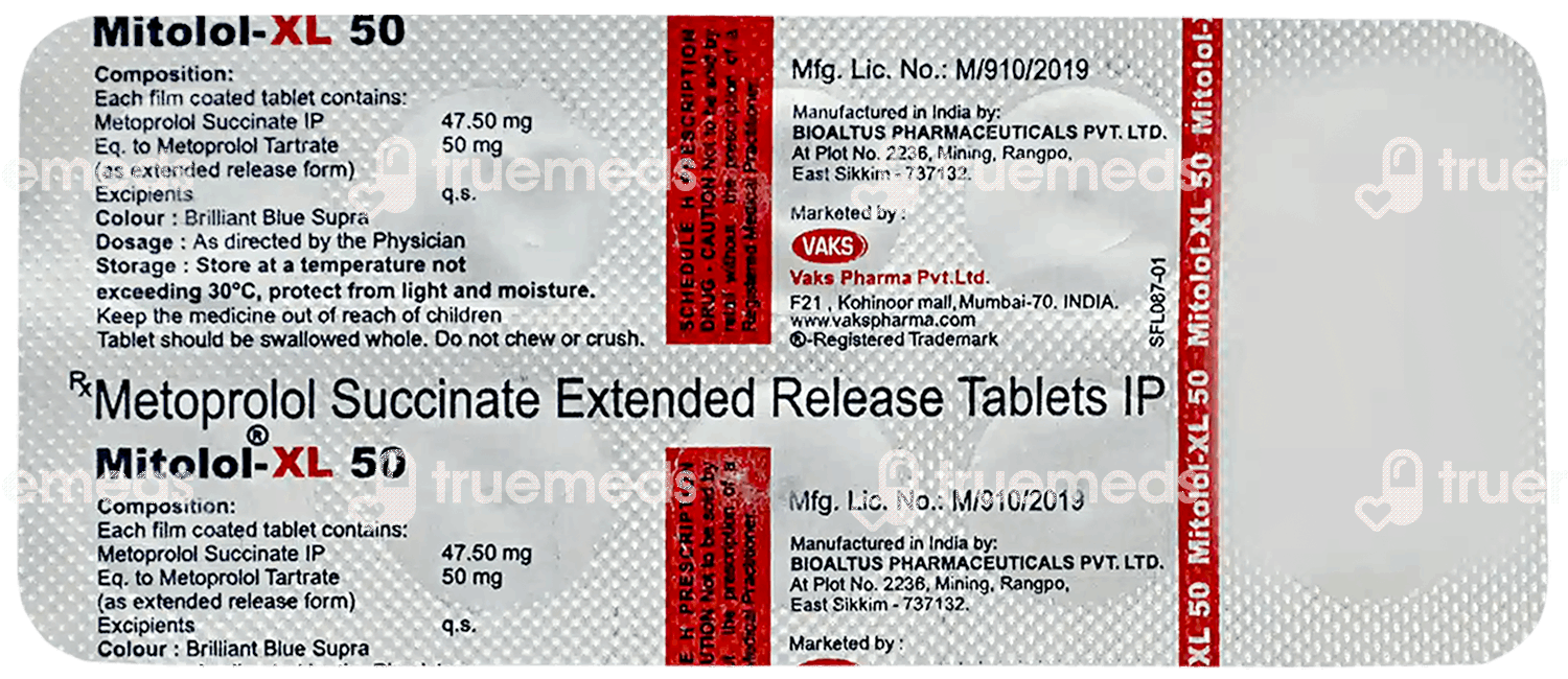 Mitolol Xl 50 Tablet 10: Uses, Side Effects, Price & Substitutes