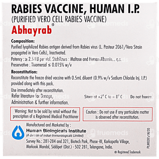 Abhayrab 1500 Iu Vaccine 1 - Uses, Side Effects, Dosage, Price | Truemeds